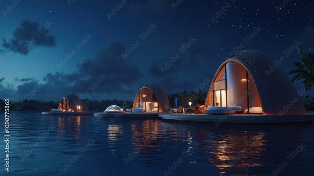 An imaginative 3D animation of a floating eco-resort on a crystal-clear ...