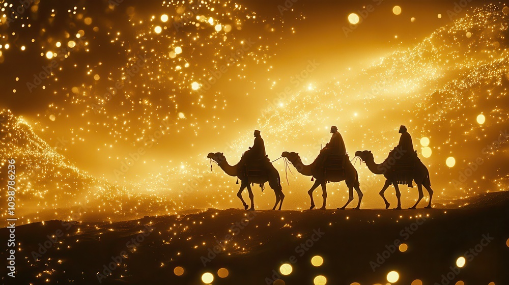 Three wise men, silhouetted against a backdrop of glittering lights ...