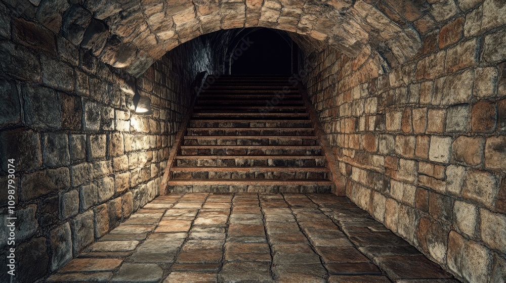 Brick and stone tunnel leading to a staircase, evoking a mysterious medieval dungeon atmosphere ...