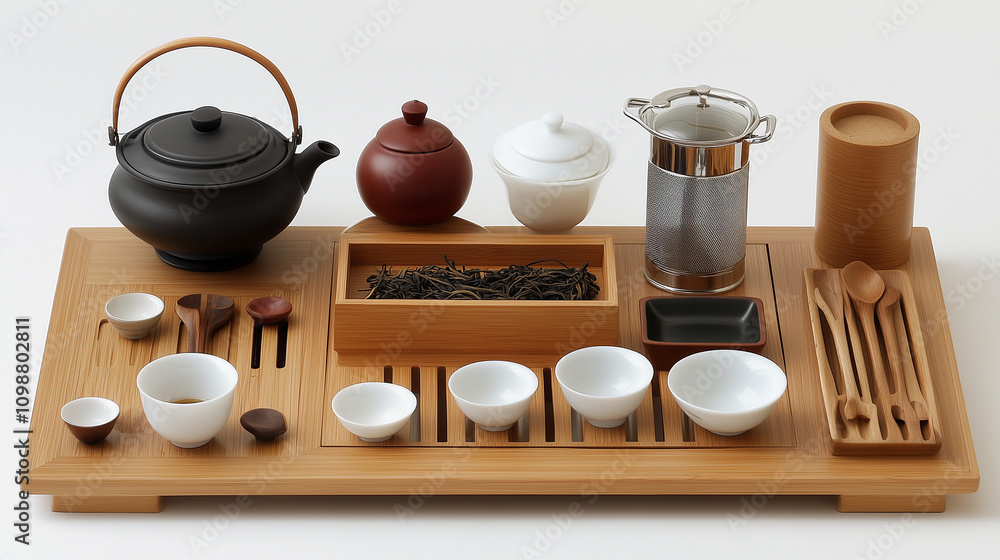 An intricate tea ceremony setup with Gongfu tea tools, featuring gaiwan ...