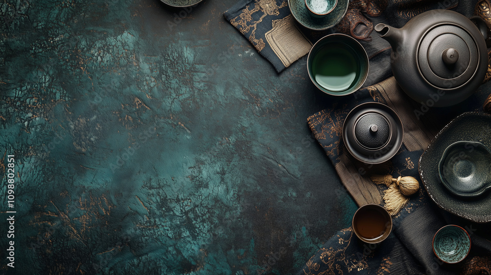 An intricate tea ceremony setup with Gongfu tea tools, featuring gaiwan ...