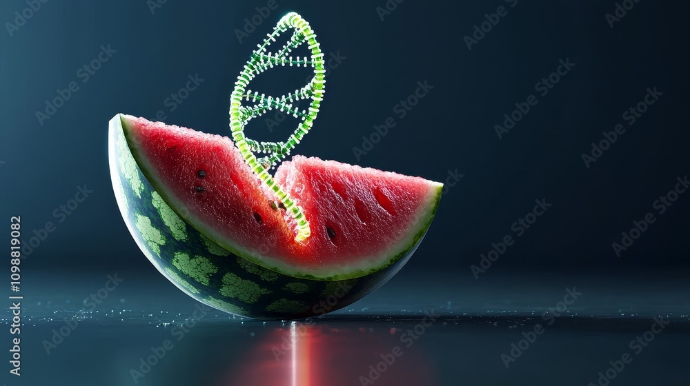 Watermelon cross-section, glowing DNA helix inside, symbolizing fruit ...