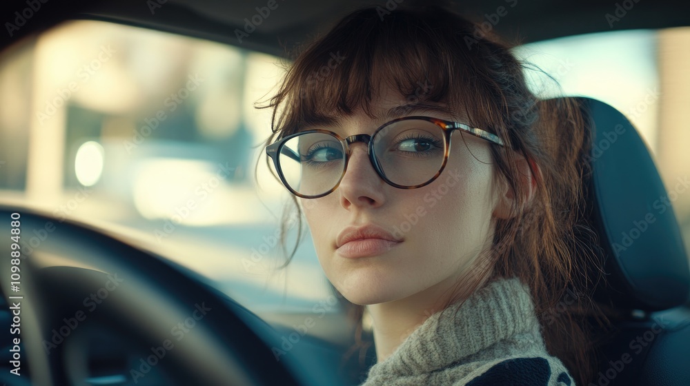 Driver with glasses attentively looking back while reversing ...