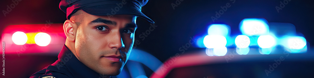 Hispanic police officer directing traffic, standing next to patrol car ...