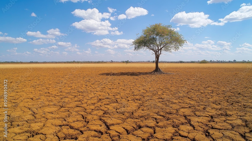 Drought-affected landscape showcasing cracked dry soil under a clear ...