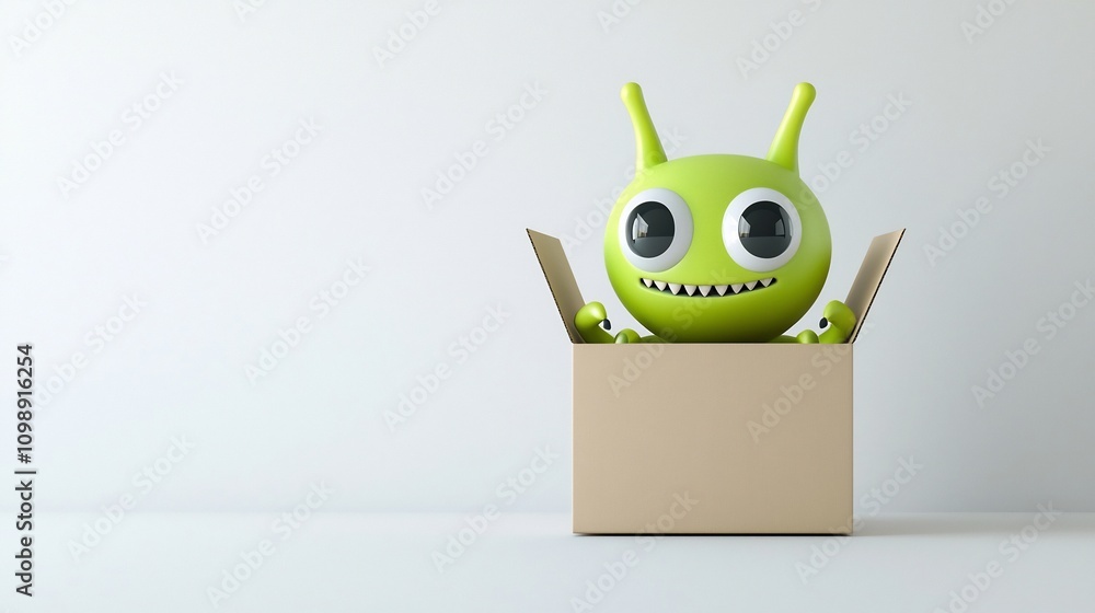 Whimsical cartoon alien character in a 3D art style peeking out from a ...