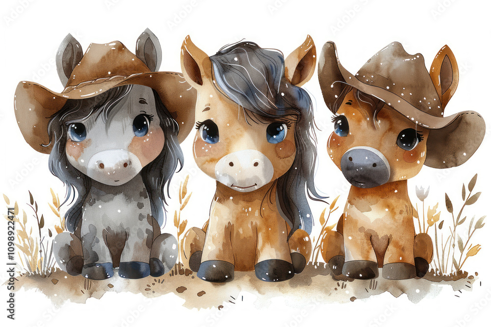 three cute cartoon ponies sitting in a row. All ponies have large blue ...