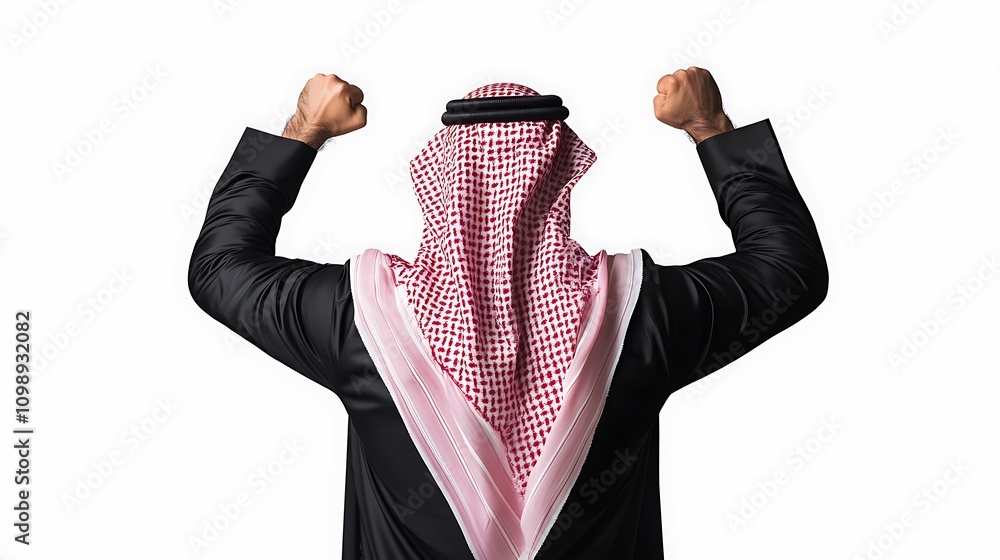 Saudi Arabian man in traditional attire showing a victorious pose with ...