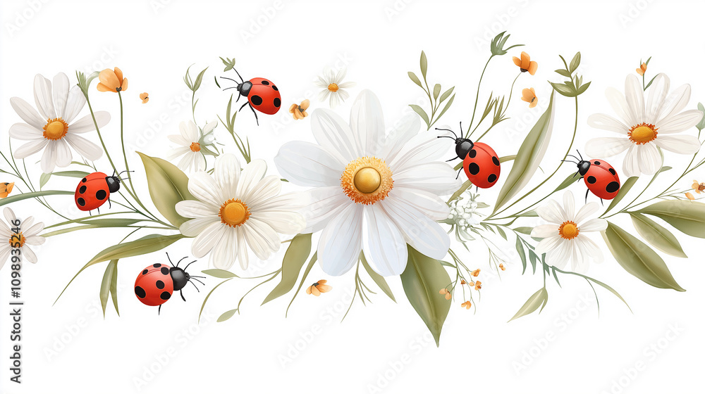 Daisy chain with ladybugs, stained glass style, watercolor clipart in ...