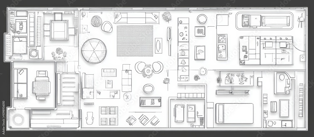 Detailed Black and White Floor Plan with Furniture Layouts and Room ...