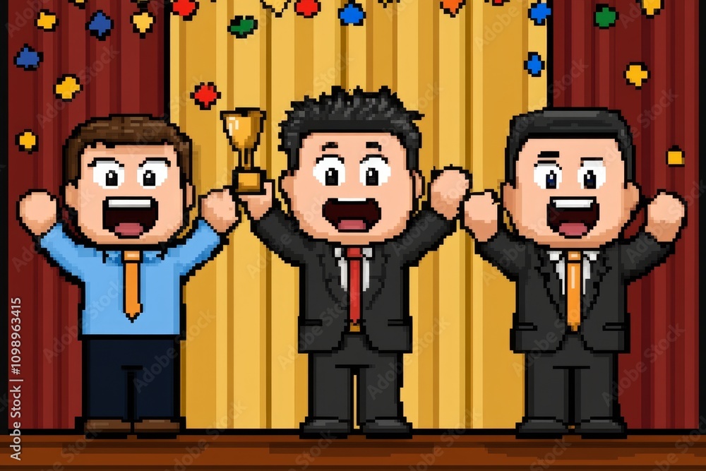 A pixel art depiction of an award ceremony stage with blocky characters ...
