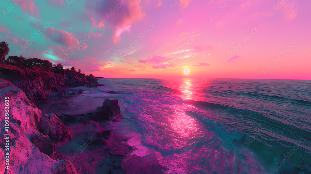 Psychedelic vaporwave or synthwave landscape wallpaper, sunset over the ...