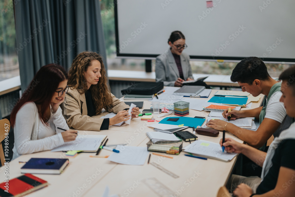 A group of diverse students work together on an academic project in a ...