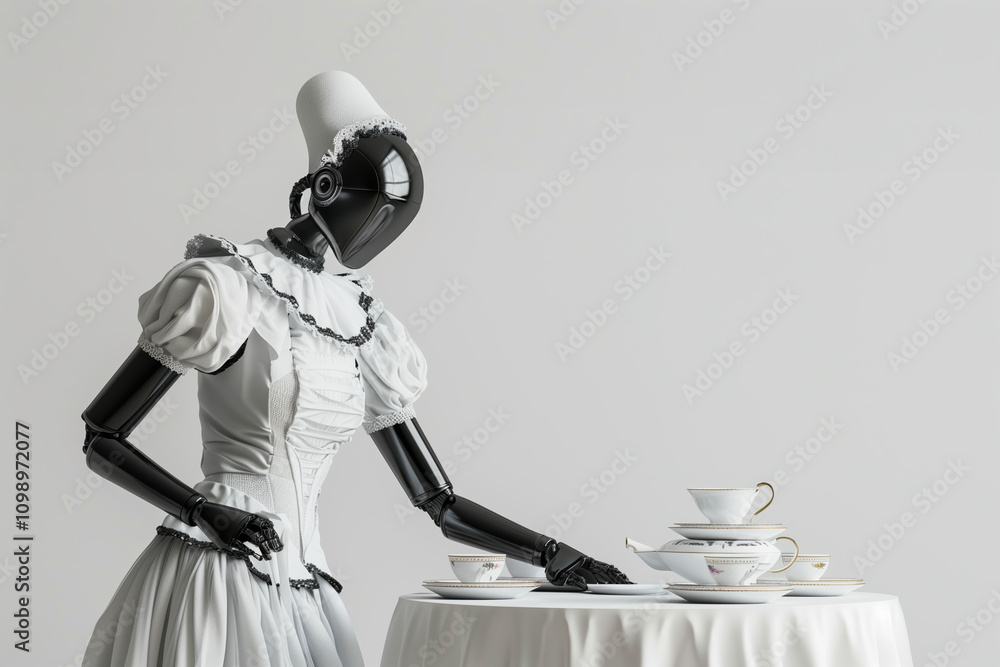 AI Housekeeper Robot Dressed in Maid Costume Setting the Dinner Table ...