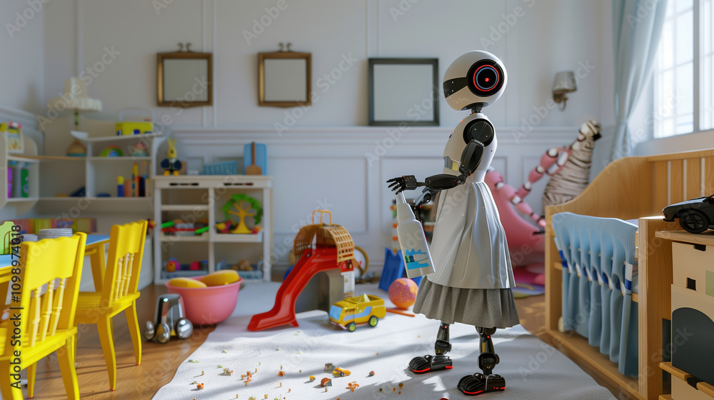 Futuristic AI Robot in a Housemaid Uniform Cleaning a Messy Kids’ Room ...