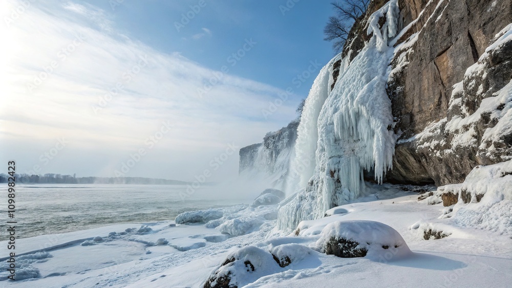 Rock face with a thick layer of snow and ice, frozen waterfalls, icy ...