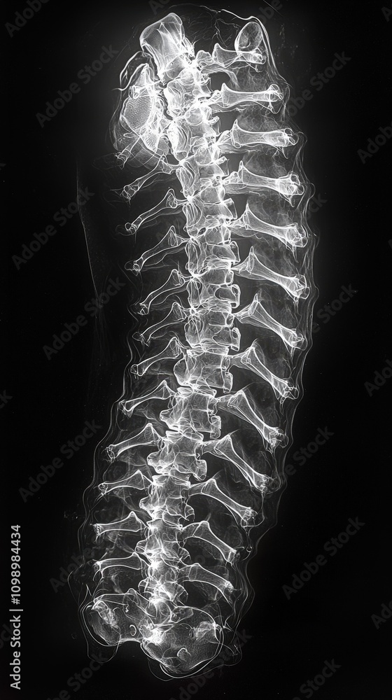 Ilustración de Stock A side-view X-ray illustration of a human spine ...