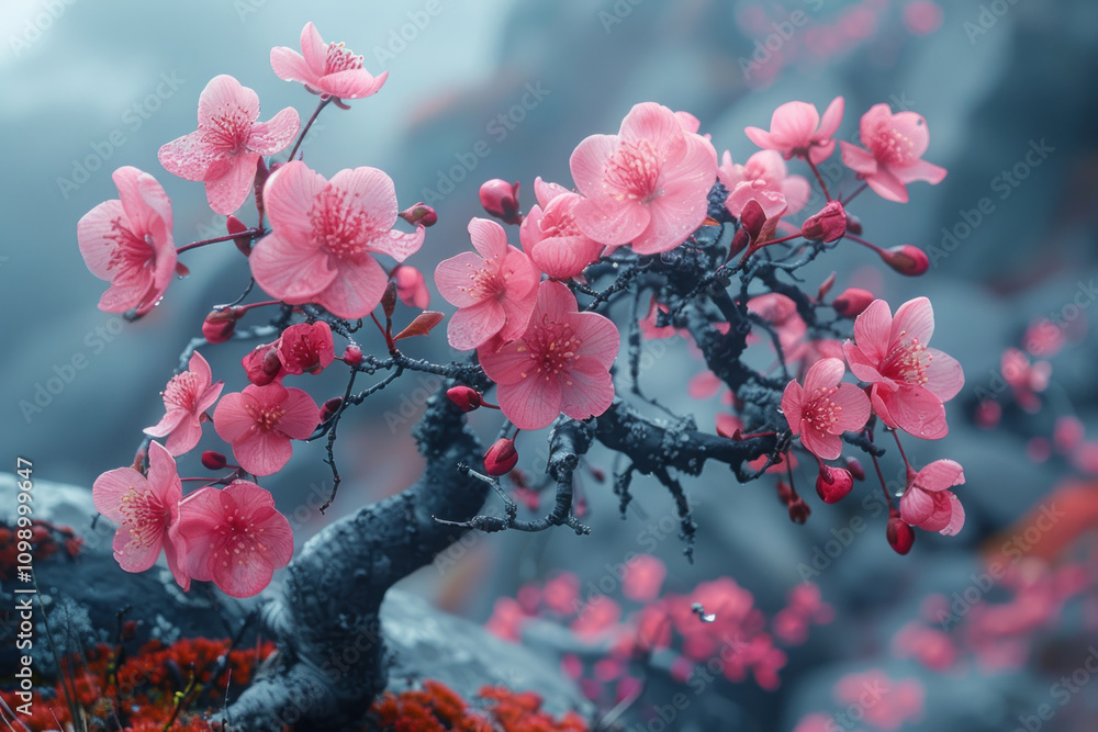 bonsai tree with blooming pink sakura flowers. The branches of the tree ...