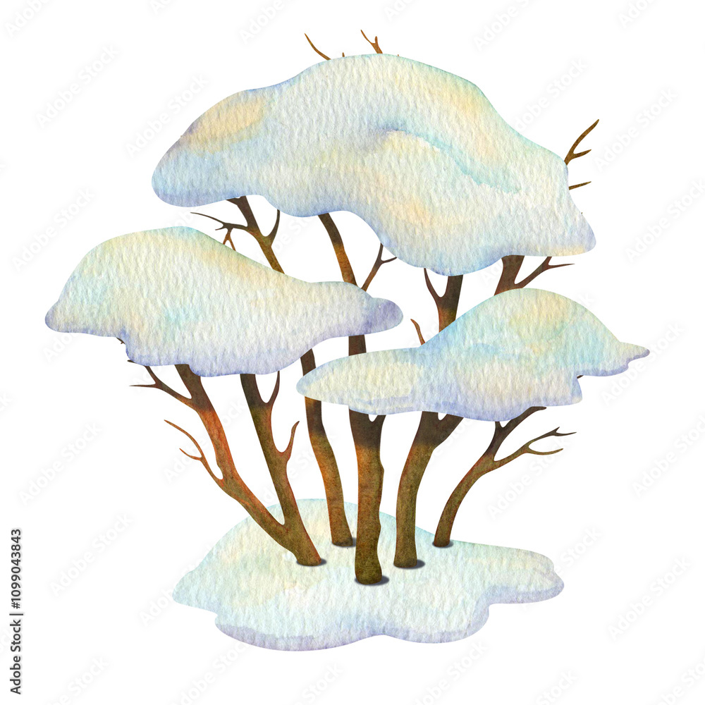 Watercolor hand drawn snowy bush in snowdrift. Isolated winter or fall ...