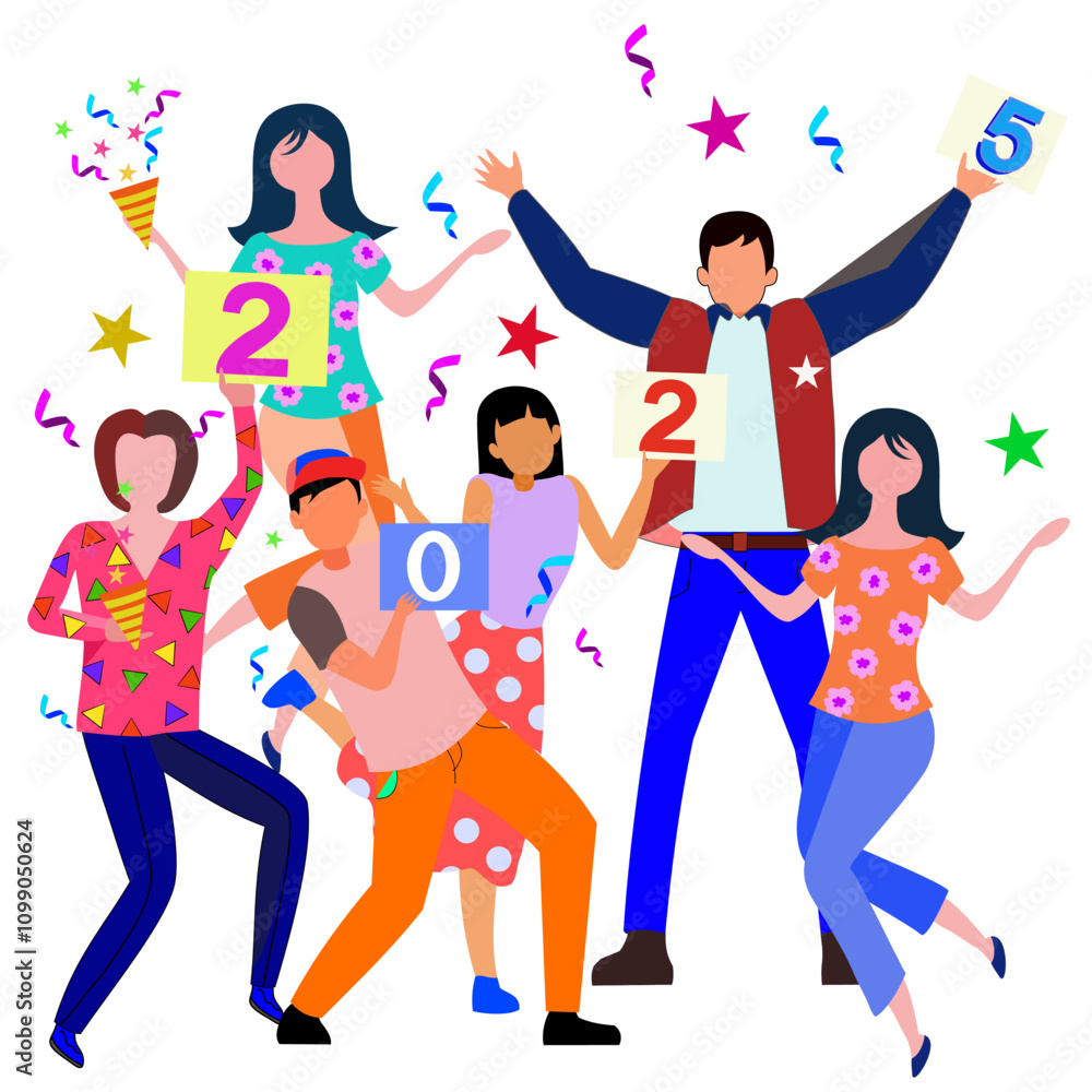 year 2025 happiness cartoon man woman celebration character,number 2025 ...