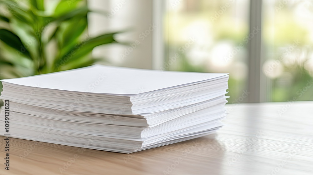 White paper stacks on office table with workspace elements and natural ...