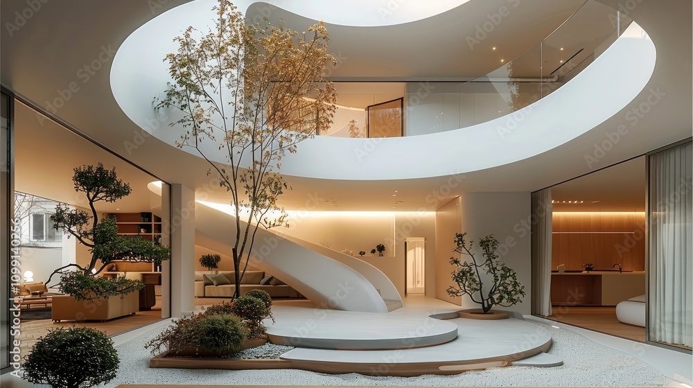 A modern house with a low circular wall partition. which is the ...
