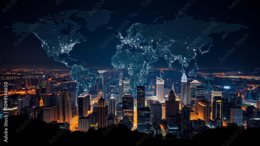 Night world map showing the largest cities illuminated, nighttime ...