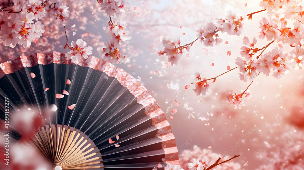 Japanese Fan and Sakura Frame Hanami background Stock Illustration ...