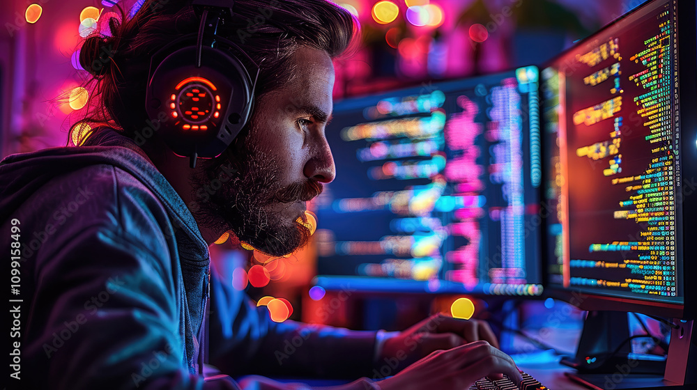 A male coding on a high-end gaming setup at night, surrounded by ...