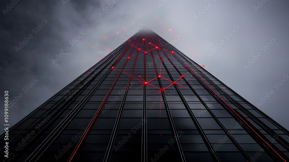 Dramatic View of a Tall Modern Skyscraper Shrouded in Fog with Neon Red ...