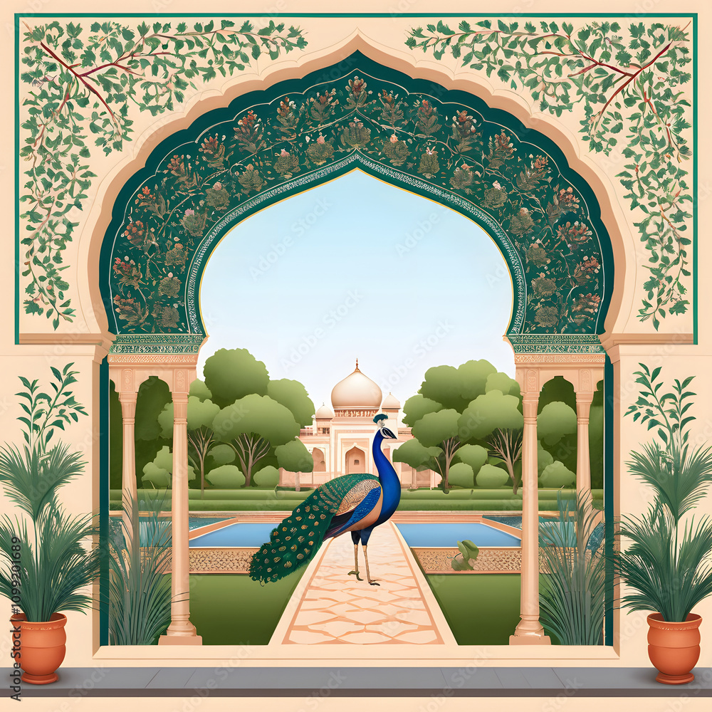 Traditional Mughal Pichwai Art Elegant Mughal Garden with Peacock Arch ...