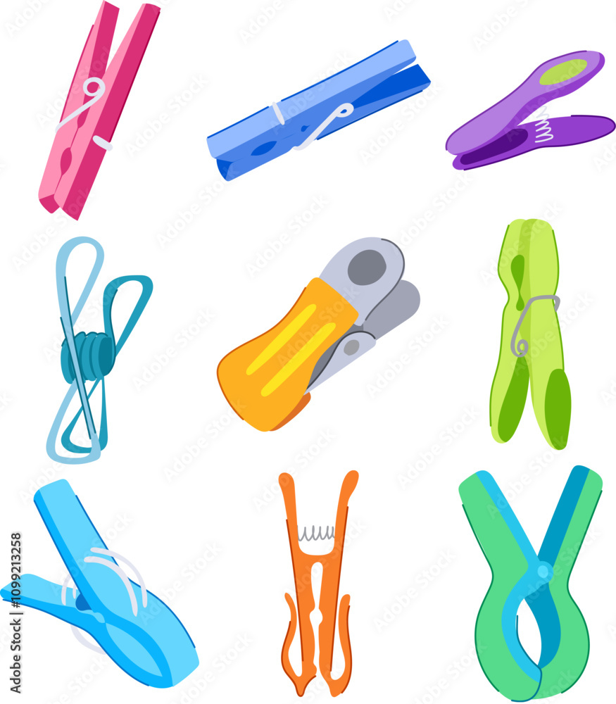 clothespin set cartoon. clip clothesline, hang clothes, wood plastic ...