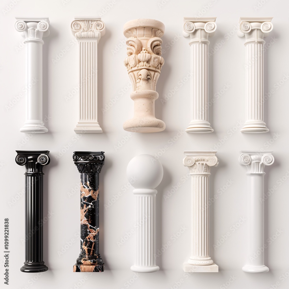2409_096.An assortment of whole, decorative pillars,isolate, perfect ...