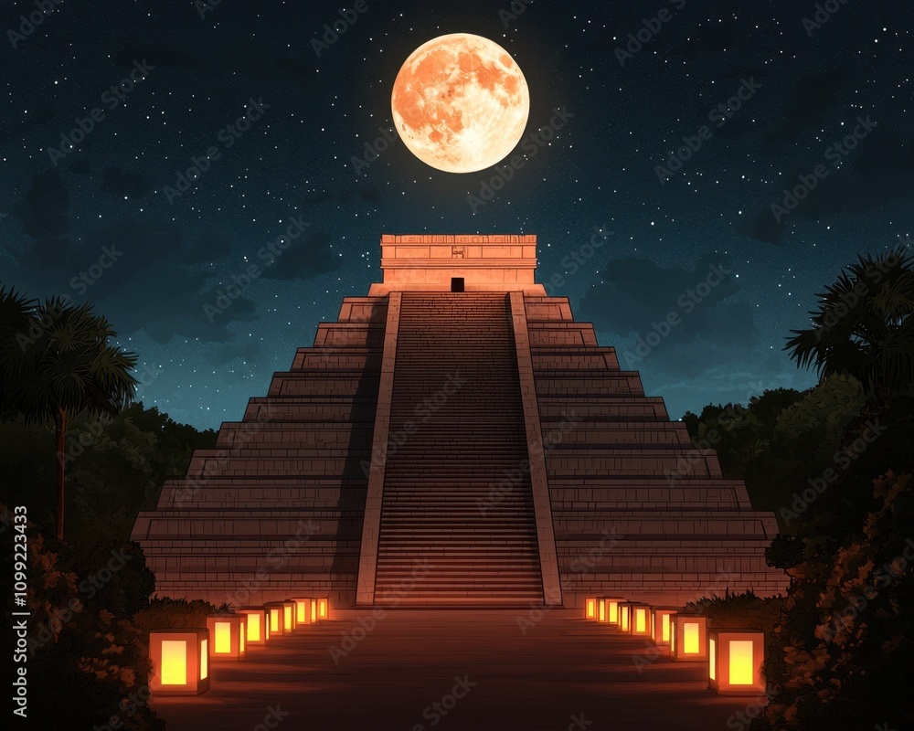Mayan Pyramid Night Scene Full Moon Ancient Architecture Jungle ...