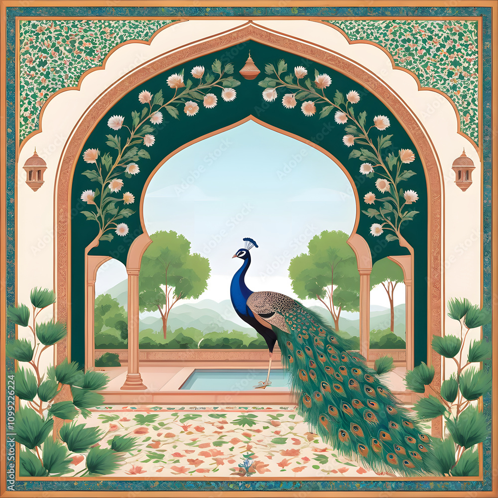 Best Traditional Mughal Pichwai Art Mughal Garden Peacock Arch Frame ...