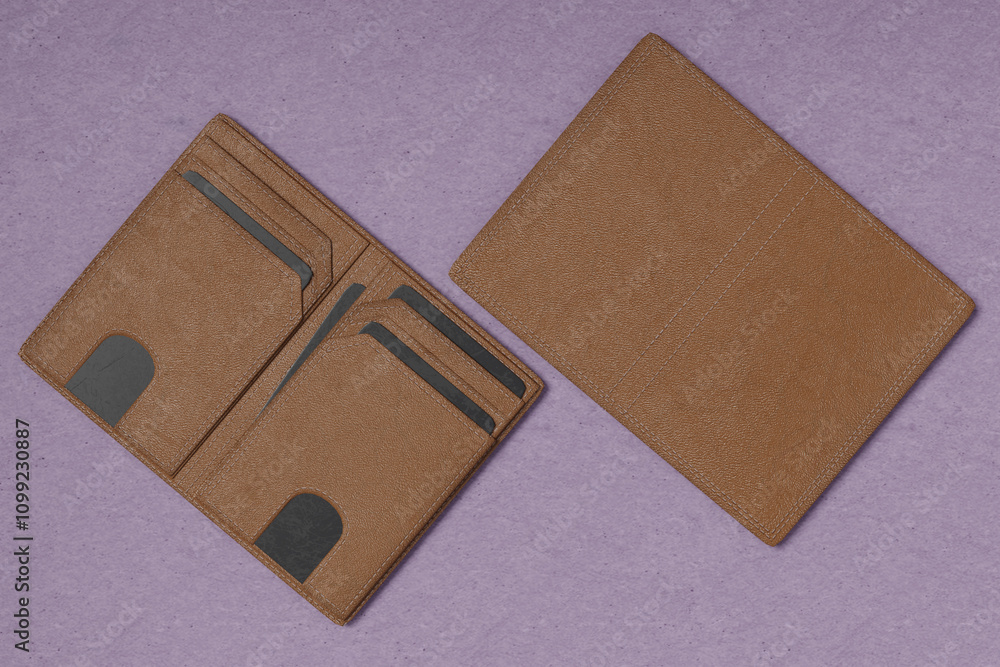Blank leather wallet brown fold mock up, isolated, 3d rendering. Empty ...