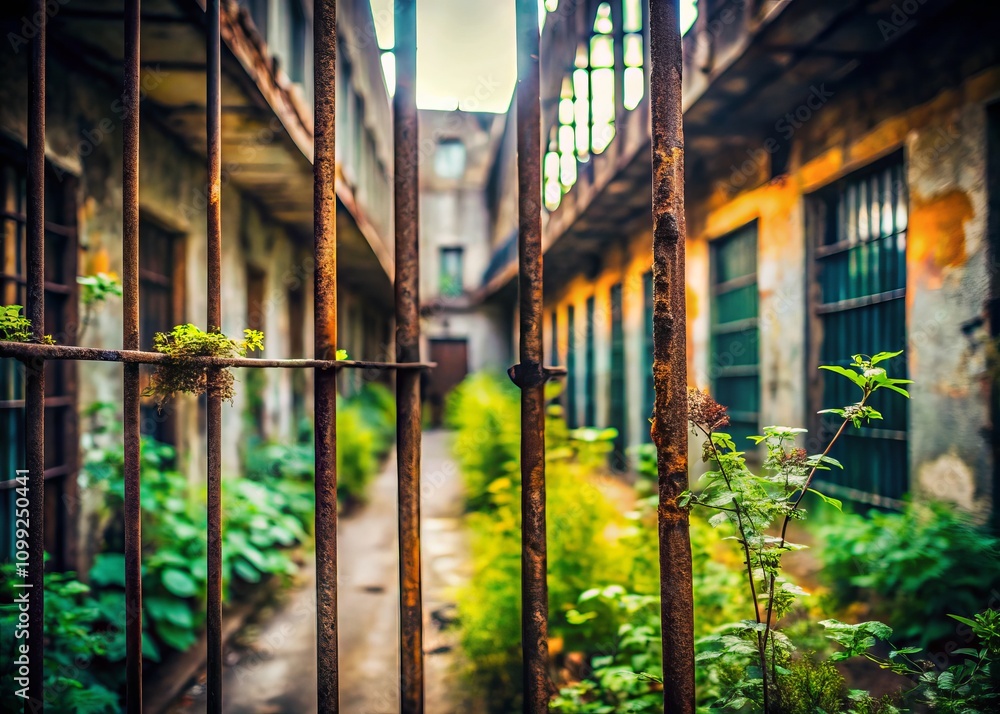 Blurred Interior of a Prison Yard with Overgrown Plants and Rusty Bars ...
