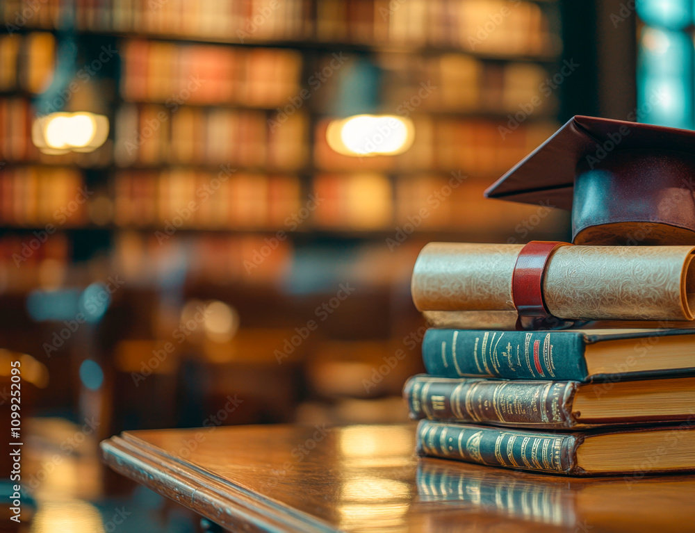 graduation cap, rolled up diploma on a stack of books, stand on the ...