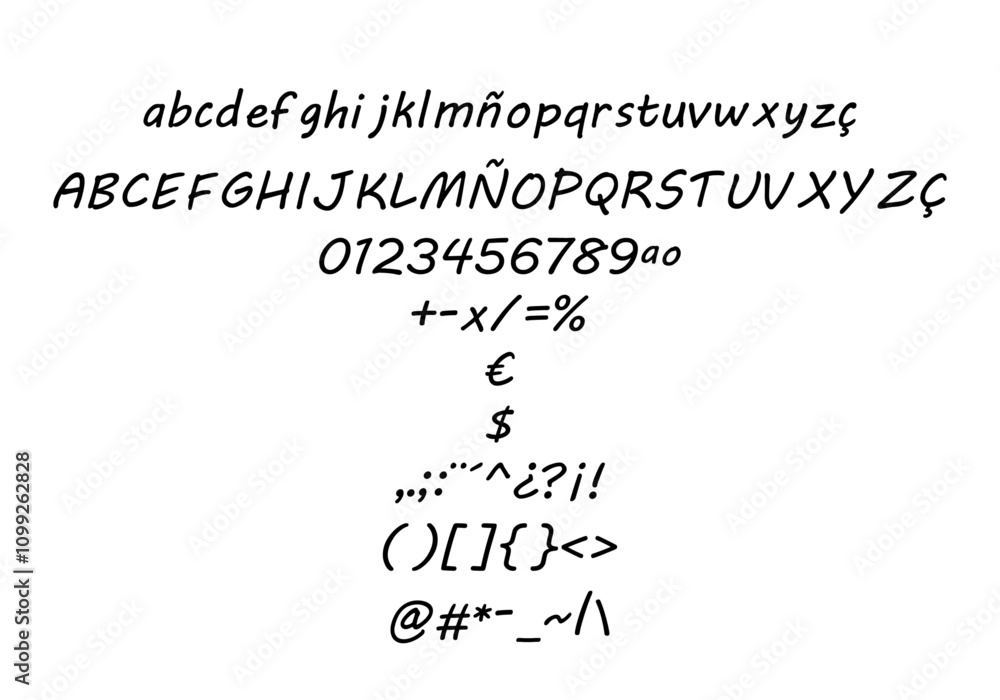 fuente informal cursiva. Alfabeto, números y signos en cursiva con la ...
