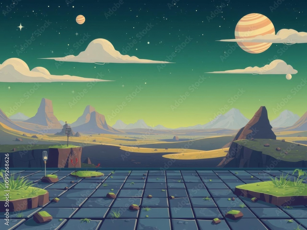 Seamlessly tilable horizontal tile pattern depicting an alien planet ...