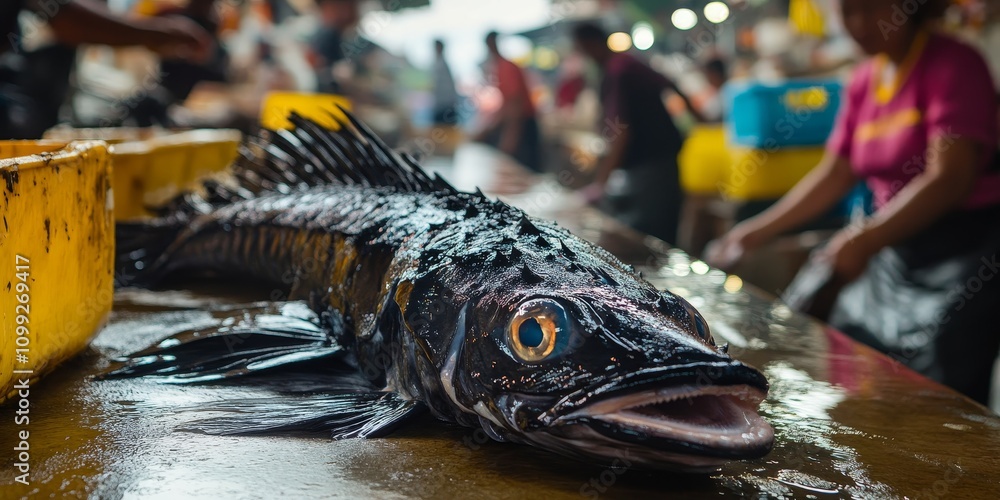 Deep sea Black scabbardfish displayed prominently at a bustling fish ...