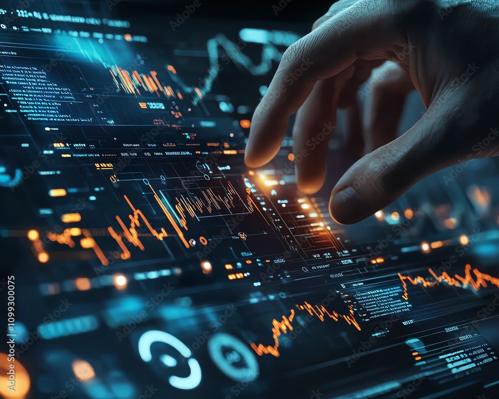 Hand controlling digital financial data and complex algorithmic lines, futuristic interface with ...