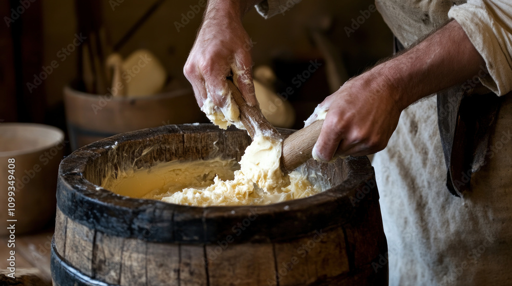 Hands mixing butter in wooden barrel using traditional paddle, showing ...