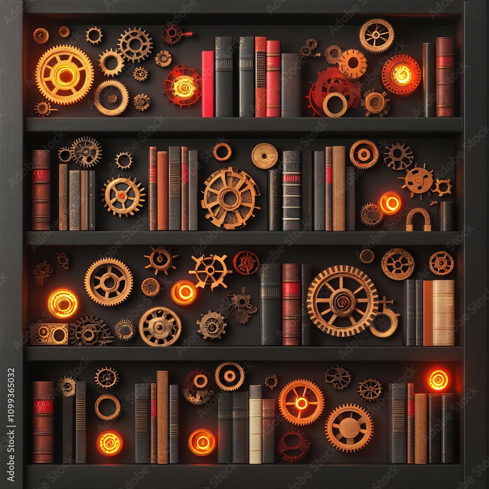 Virtual steampunk library with books stored in glowing mechanical gears ...