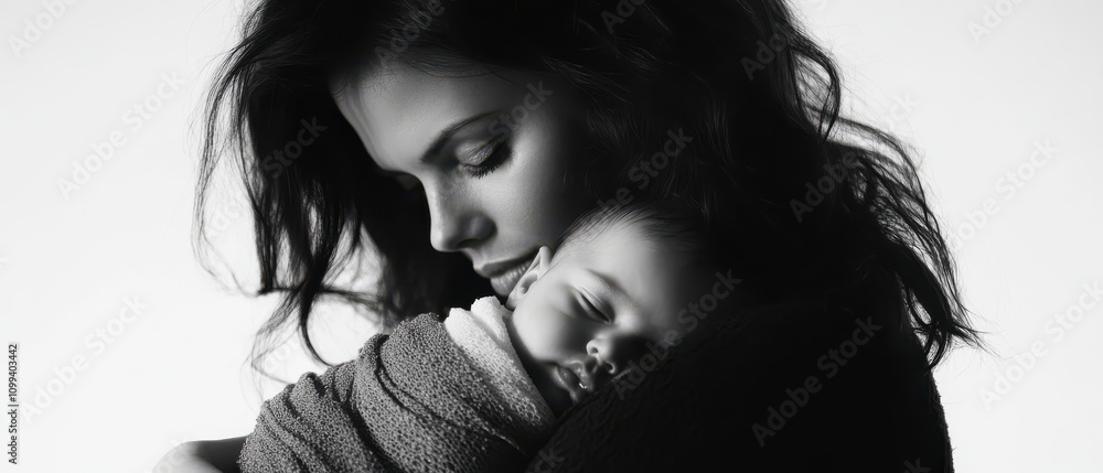 Beautiful woman cradling sleeping baby, gazing lovingly, with dramatic ...