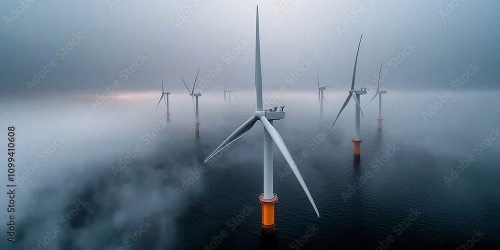 Aerial panorama of a sprawling offshore wind energy installation rows ...