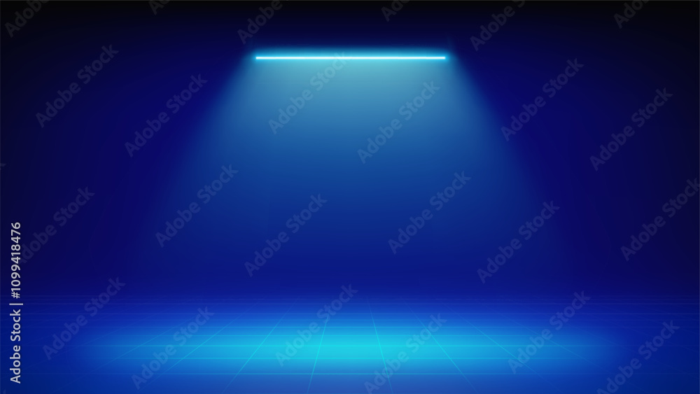 Futuristic blue stage background. Room illuminated by cyan neon, led ...