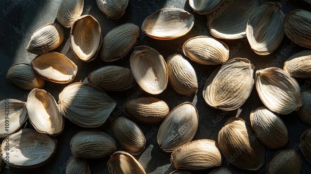 Artistic display of peanut shells resembling rice grain patterns ...