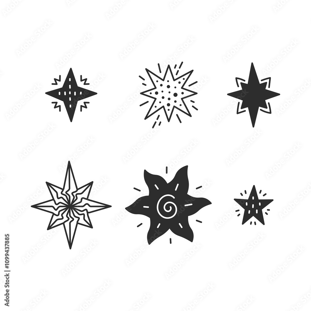 Decorative Star Shapes Doodle Set. Hand drawn celestial symbols ...
