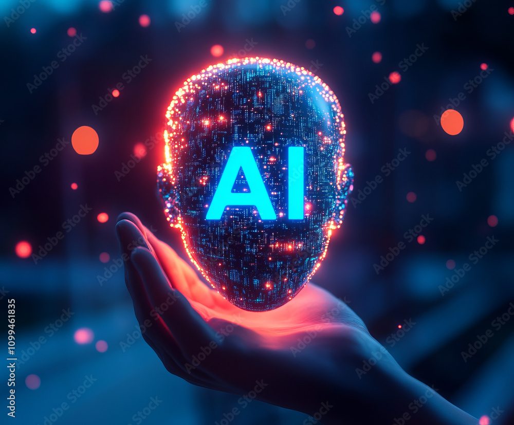 person holding an animated head in the middle of his hand with "AI ...